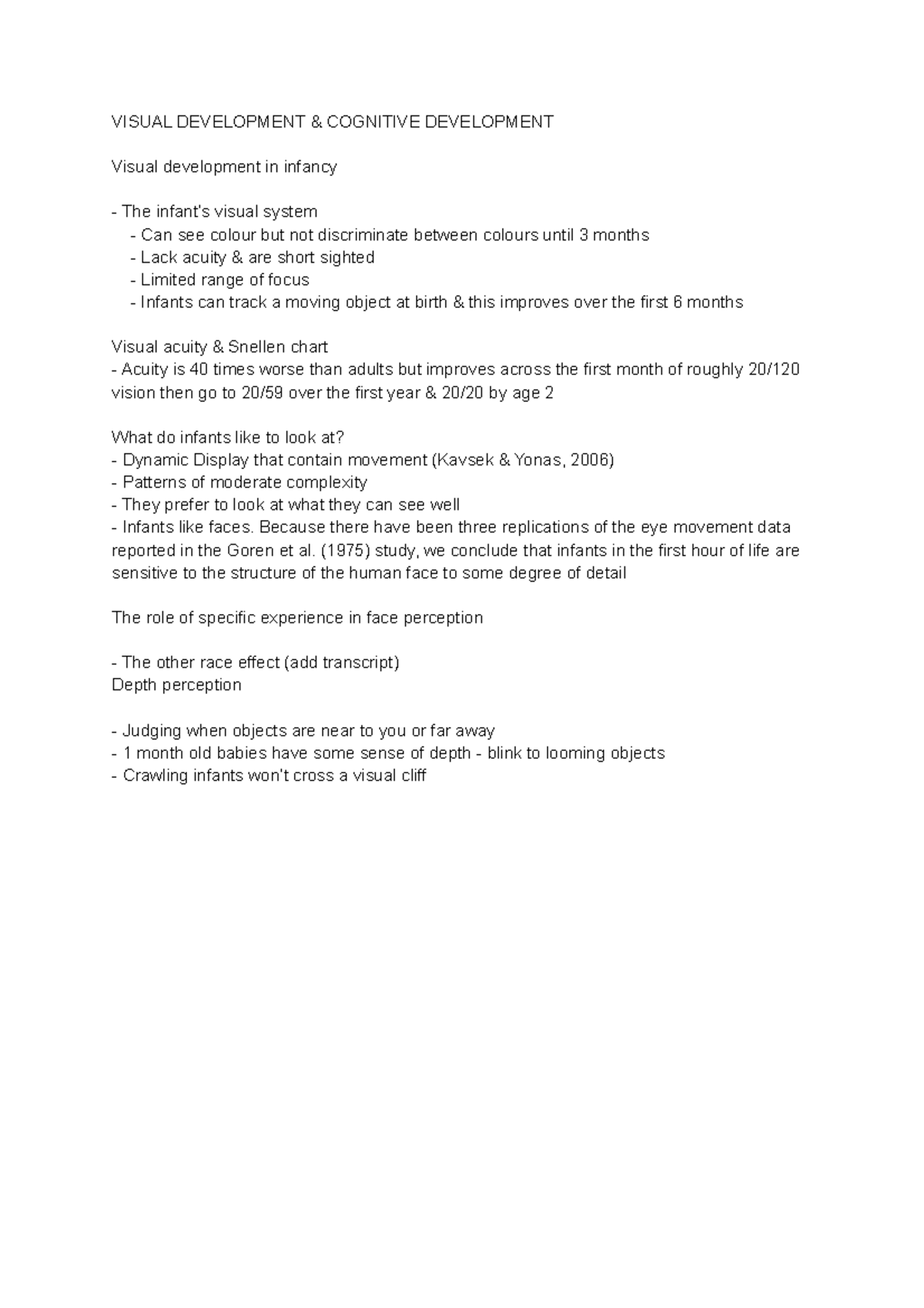 Week 2 lecture notes - VISUAL DEVELOPMENT & COGNITIVE DEVELOPMENT ...