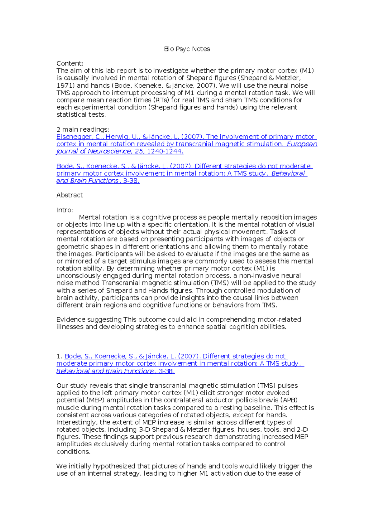 Bio Psyc lab Notes - Bio Psyc Notes Content: The aim of this lab report ...