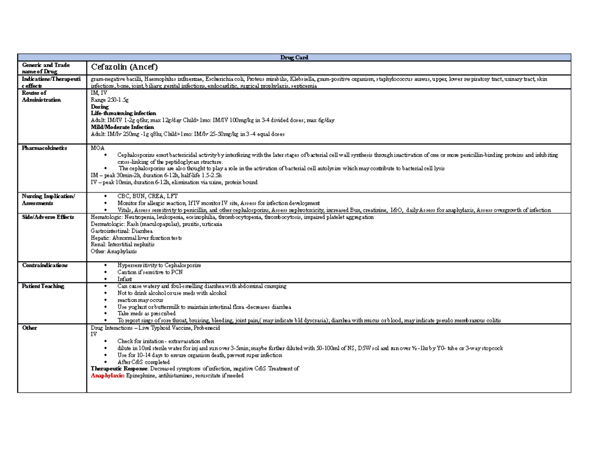 Skills Lab Drug Cards - Lecture notes 7 - Drug Card Generic and Trade ...