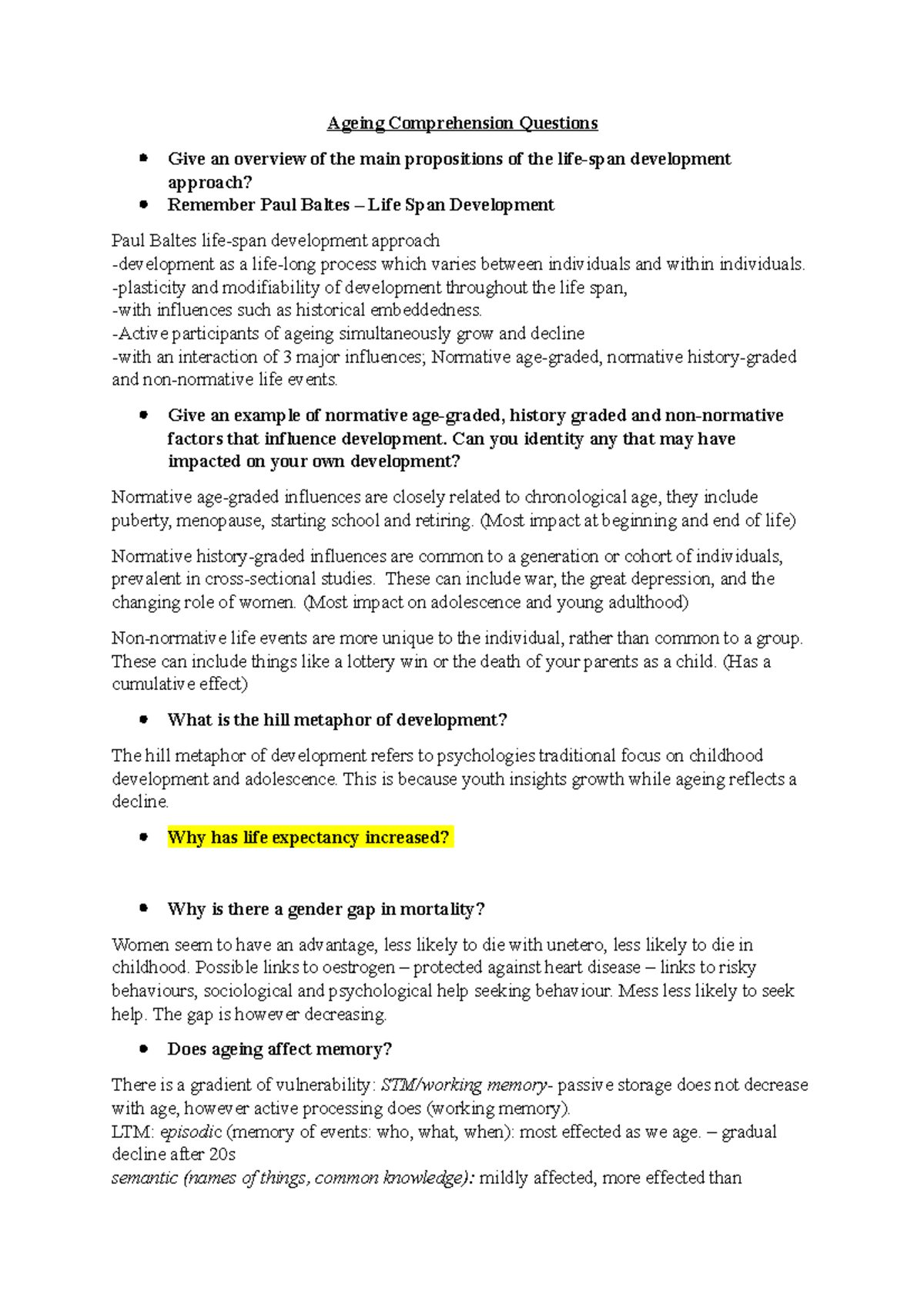 Comprehension Questions (Ageing) - Ageing Comprehension Questions Give ...