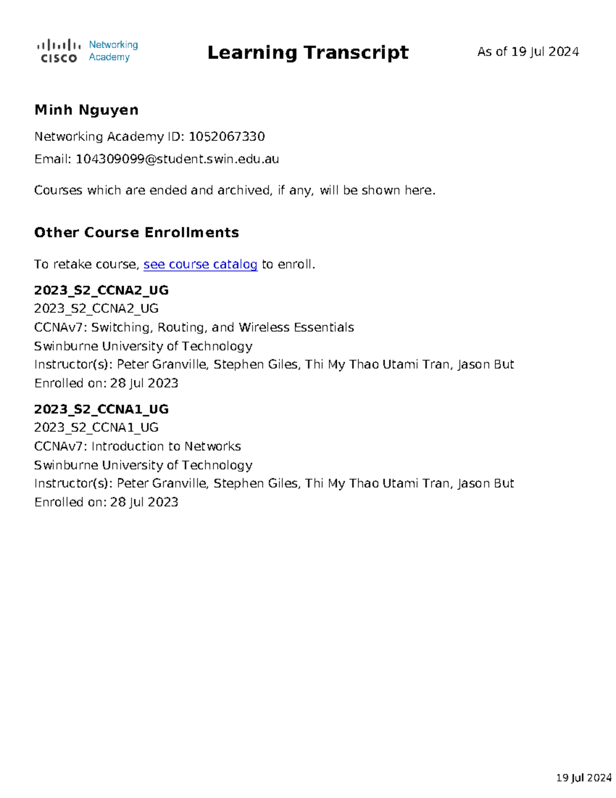 Net Acad Learning Transcript - Learning Transcript As of 19 Jul 2024 ...