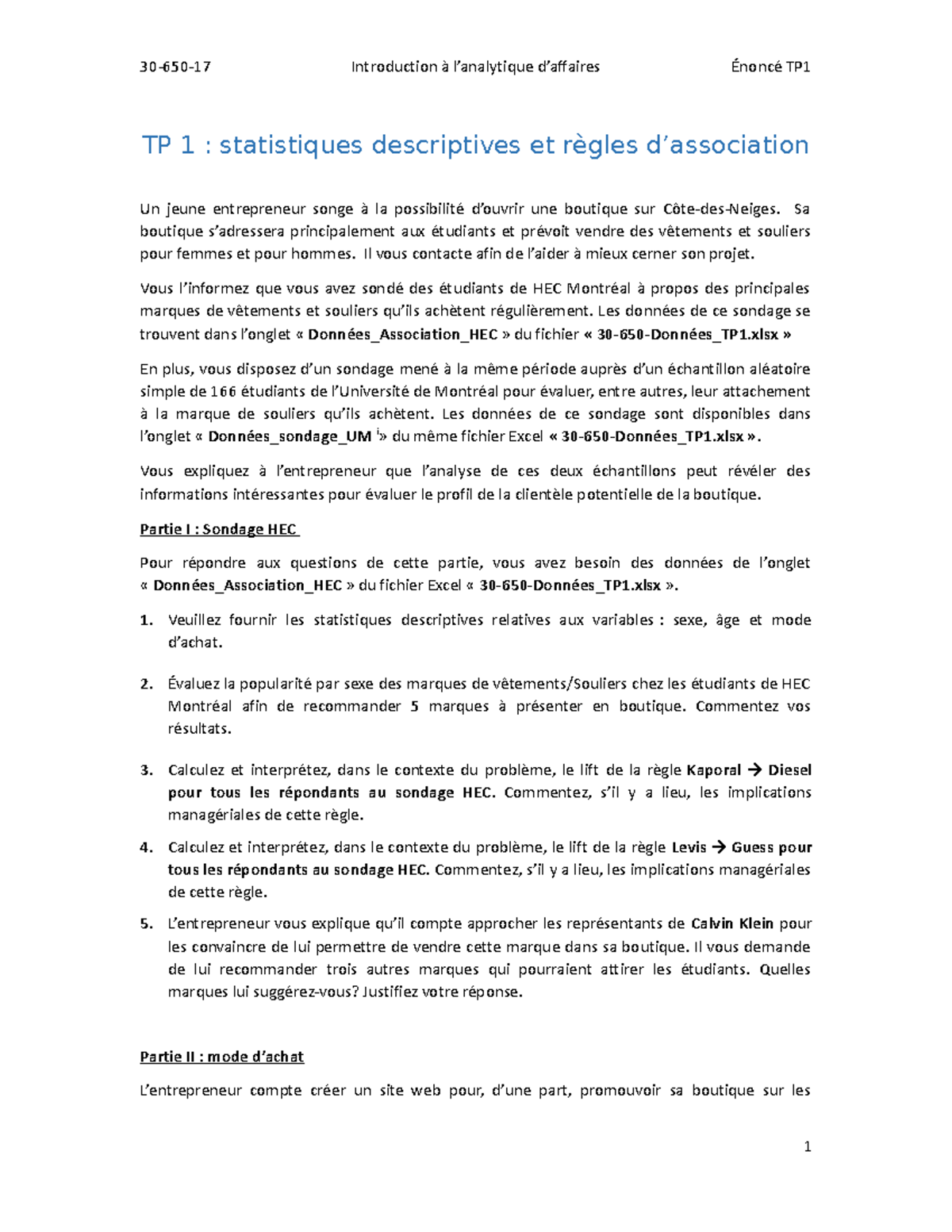 30-650-17 Énoncé TP1 - 30-650-17 Introduction à l’analytique d’affaires Énoncé TP TP 1 : - Studocu