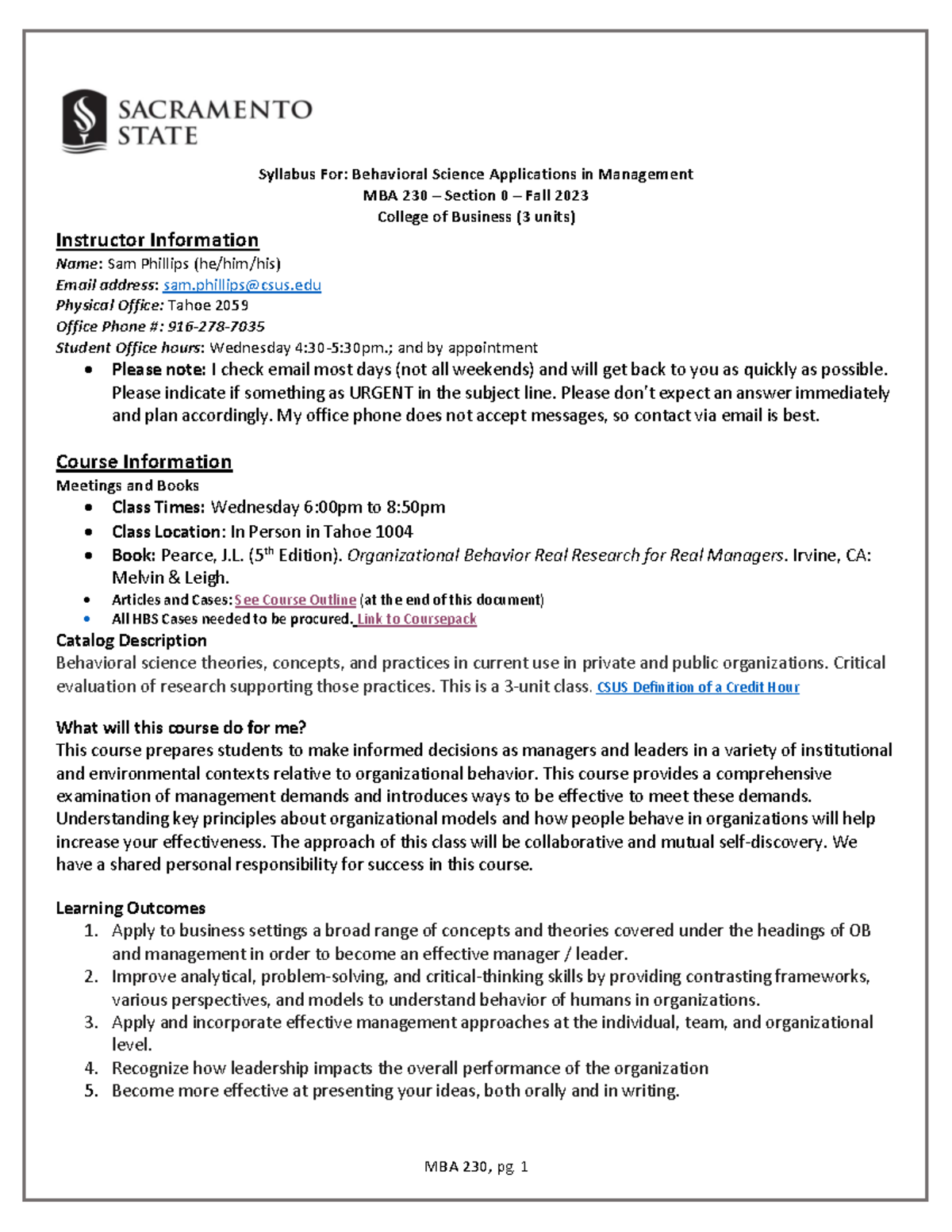 MBA230 Fall 2023 Syllabus - Syllabus For: Behavioral Science ...