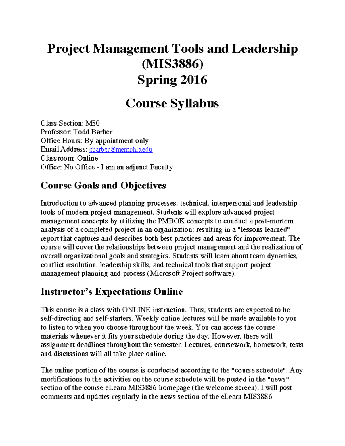 Project Management Tools and Leadership (MIS3886) Spring 2016 Course ...