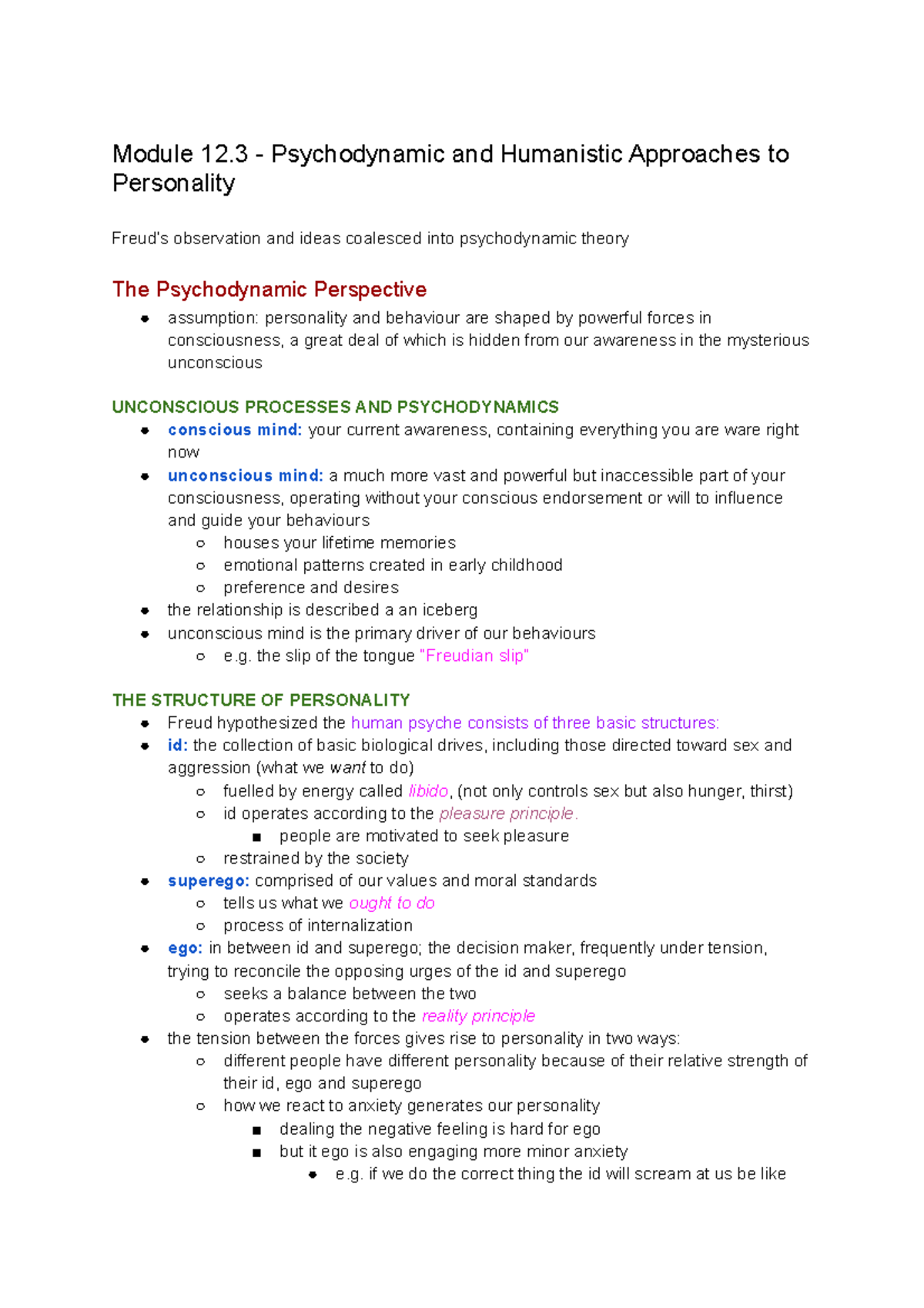 PSY100H1 UTSG Reading Notes Module 12.3 - Psychodynamic and Humanistic ...