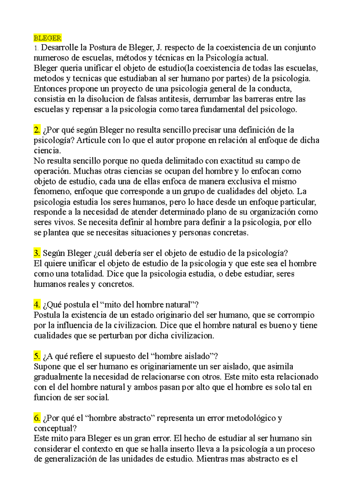 Psicologia word - primer parcial - BLEGER Desarrolle la Postura de ...