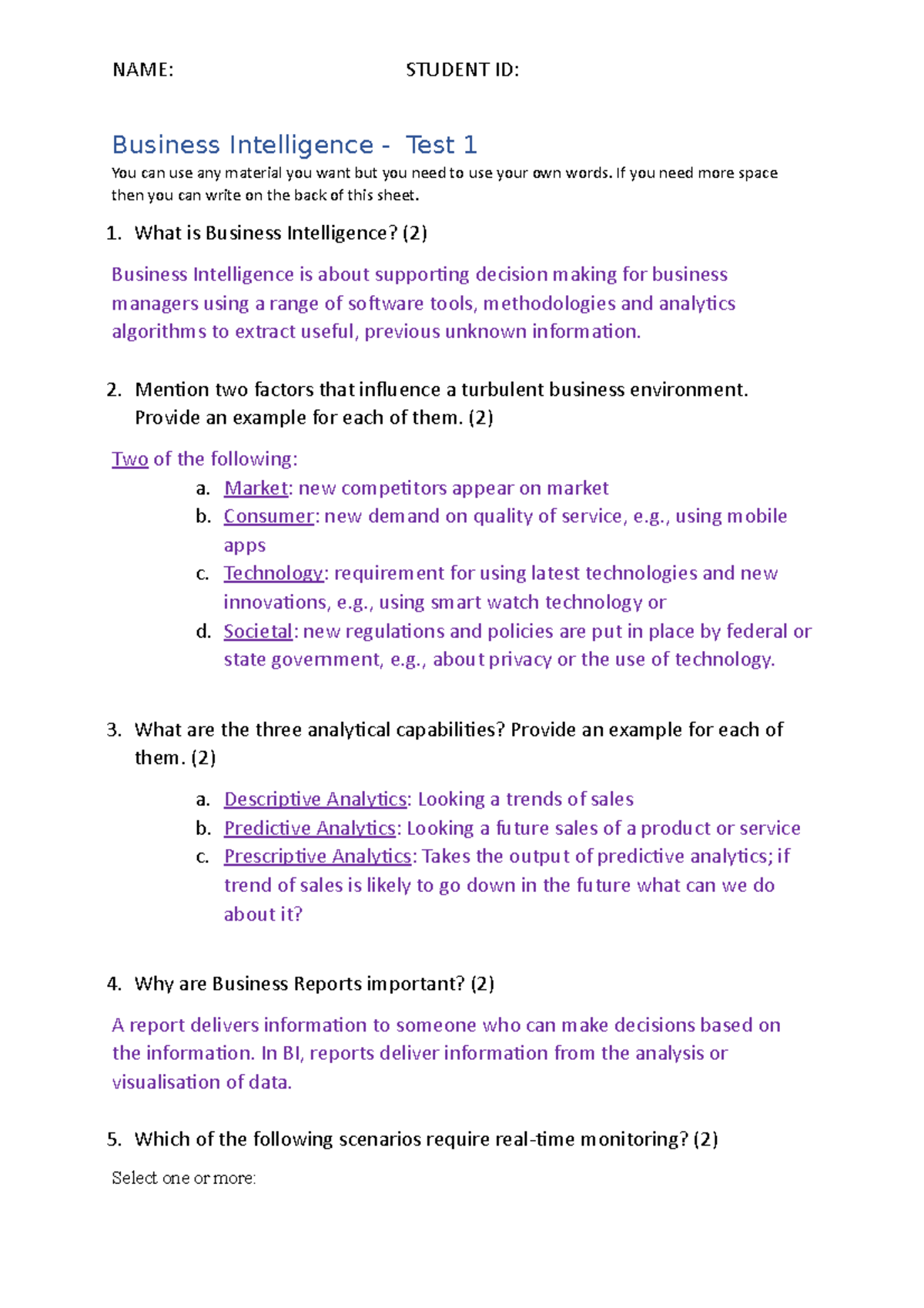 Test Practical 1-Answers - Business Intelligence - NAME: STUDENT ID ...