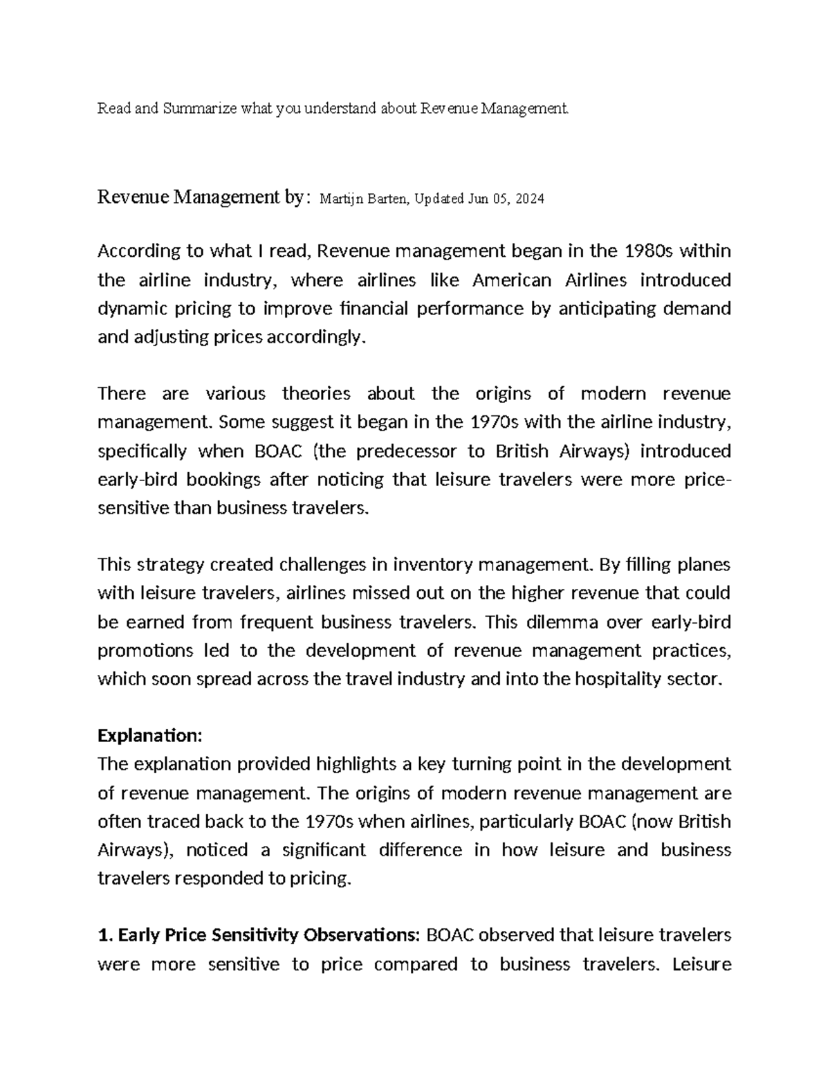 Revenue Management - WEEK 2 - Read and Summarize what you understand ...