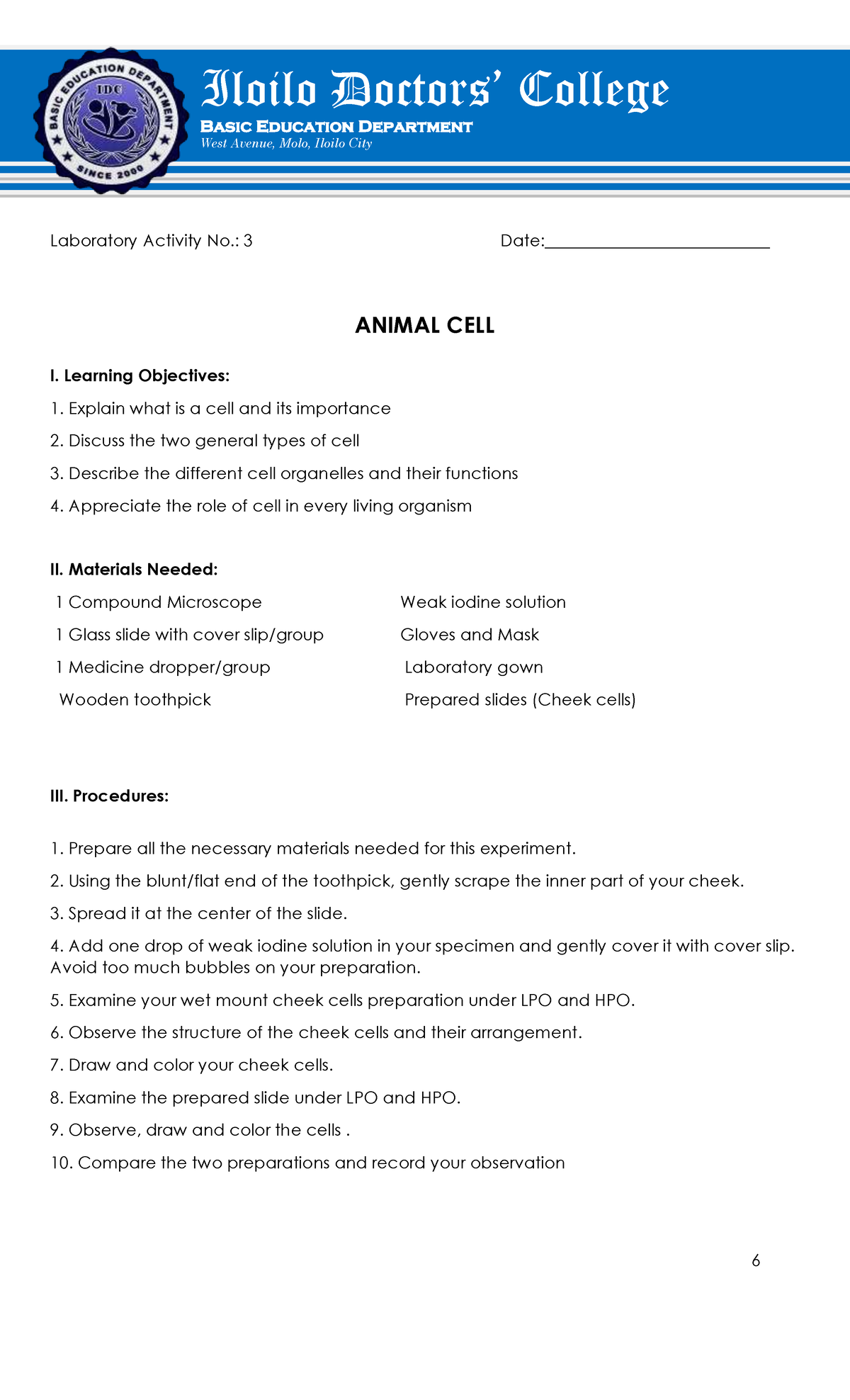 LAB 3 Animal CELL - Grade 12 General Biology - ANIMAL CELL I. Learning ...