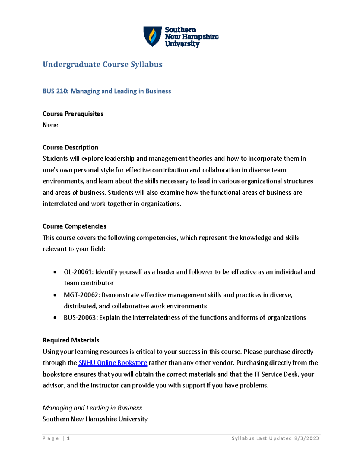 BUS 210 Syllabus - Undergraduate Course Syllabus BUS 210: Managing and ...