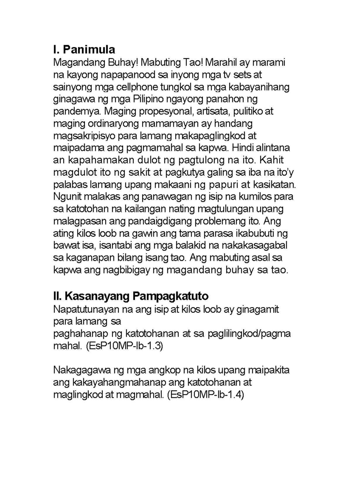 ESP10 - Esp 10 - I. Panimula Magandang Buhay! Mabuting Tao! Marahil ay ...
