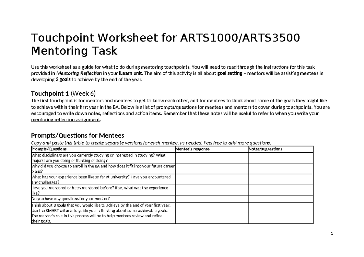 Touchpoint Worksheet for Mentoring Task (2024) - Touchpoint Worksheet ...
