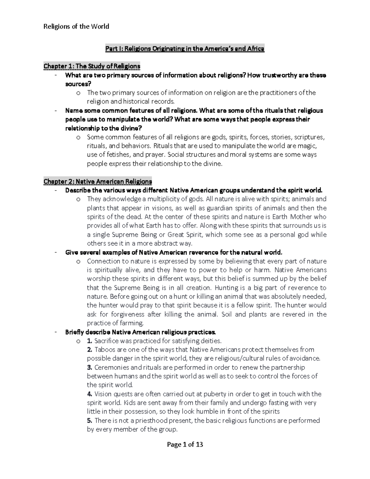 Religions of the World Learning Objectives - Part I: Religions ...