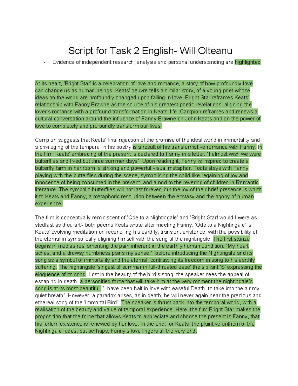 Script for Bright Star Multimedia assignment - Script for Task 2 English- Will Olteanu Evidence ...