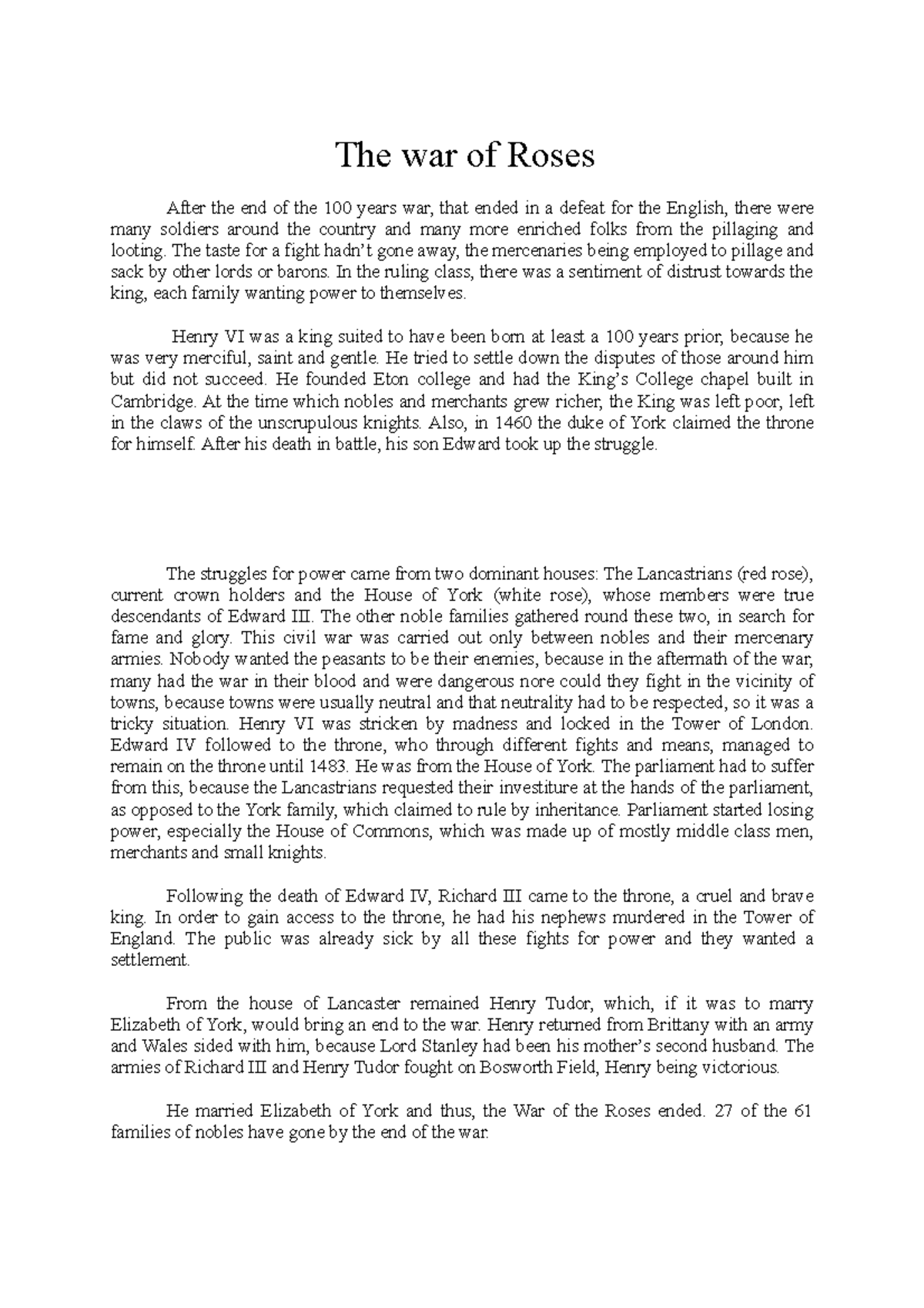 The war of Roses - Lecture notes 13 - The war of Roses After the end of ...
