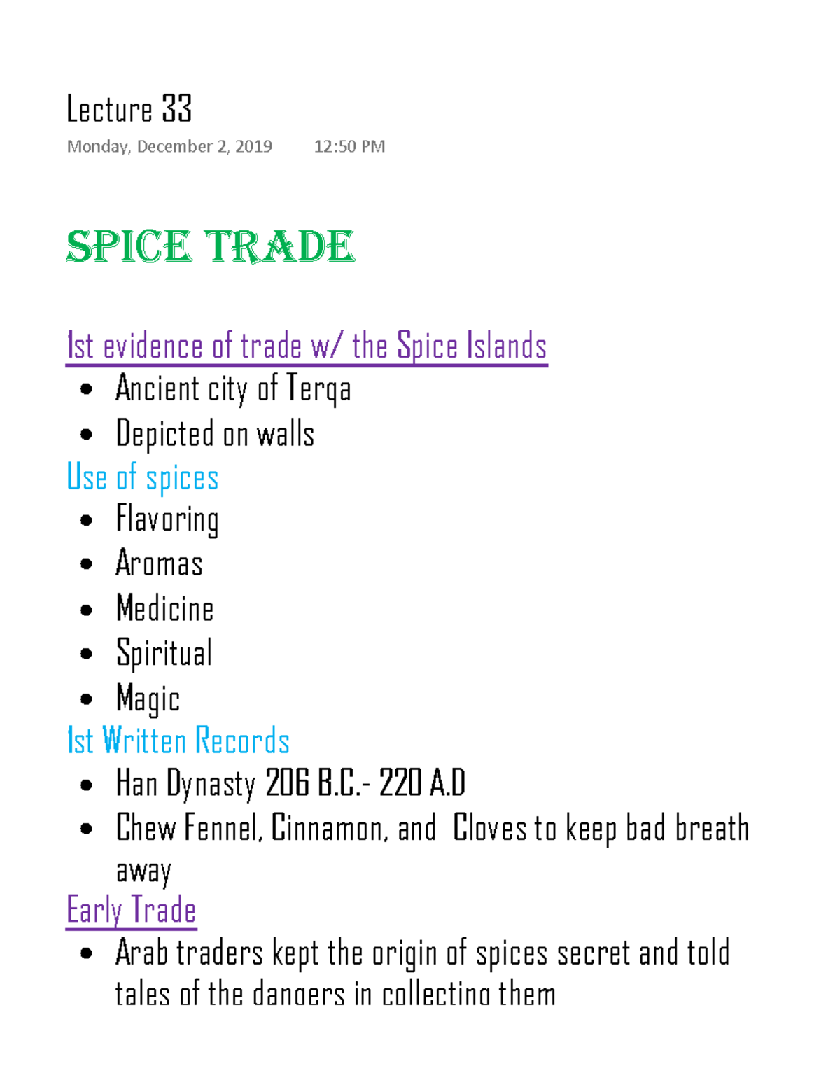 Lecture 33 - Notes - PBIO 103 - SPICE TRADE 1st evidence of trade w ...