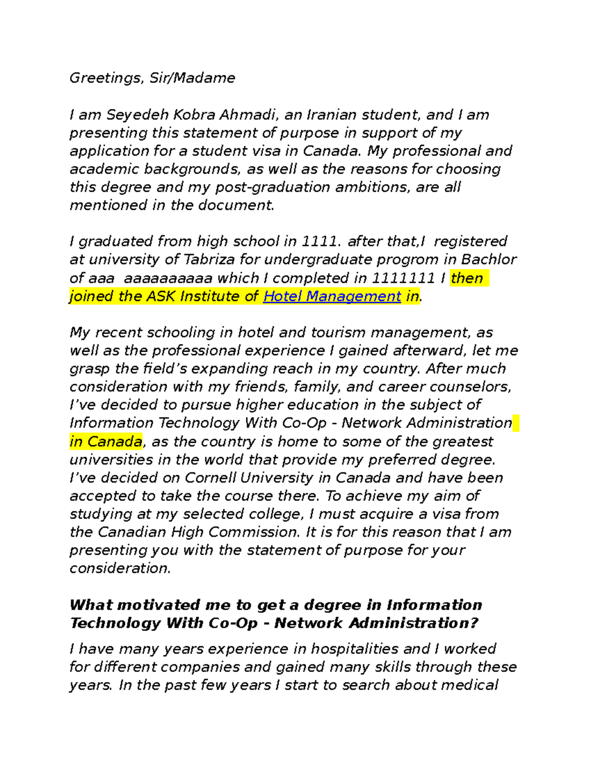 Kobra SOP - submission letter - Greetings, Sir/Madame I am Seyedeh ...