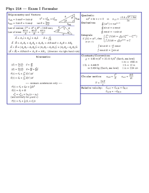 phys218-final-formulae.pdf - Phys 218 Final Exam Formulae Trigonometry and Vectors: 2 hadj h cos ...