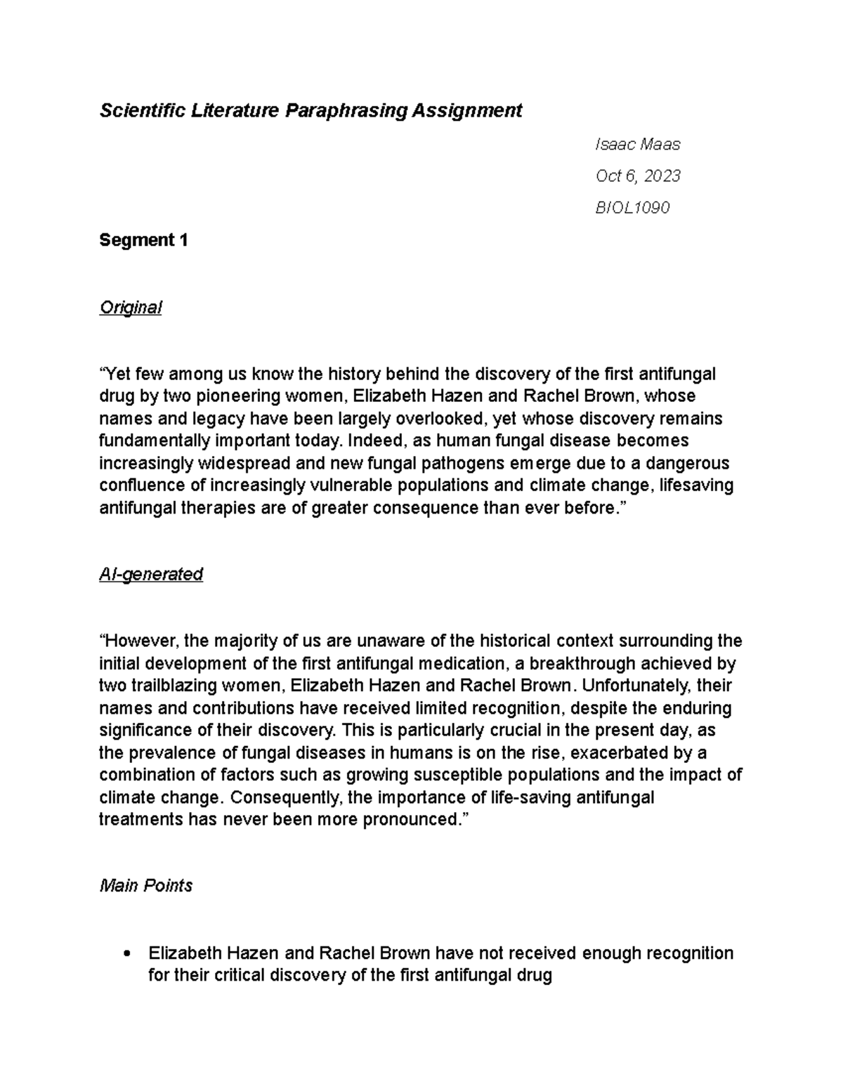 Scientific Literature Paraphrasing Assignment (BIOL 1090) - Scientific ...