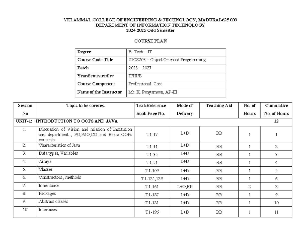 5. Course Plan-OOP-2023(1) - VELAMMAL COLLEGE OF ENGINEERING ...