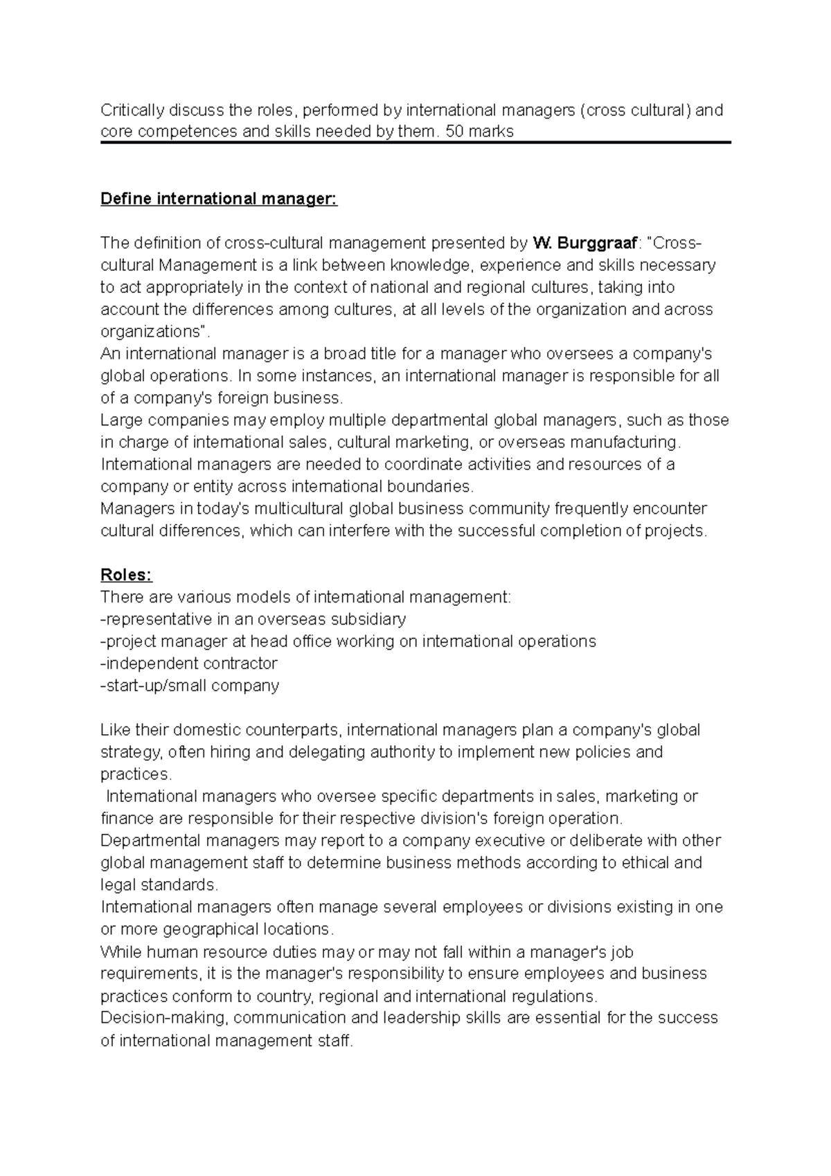 International Manager Essay - Critically discuss the roles, performed ...