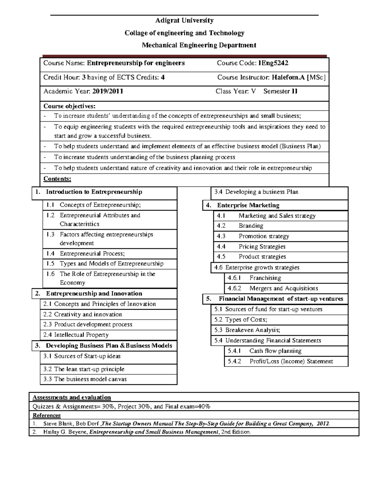 Course out line Entrepreneurship