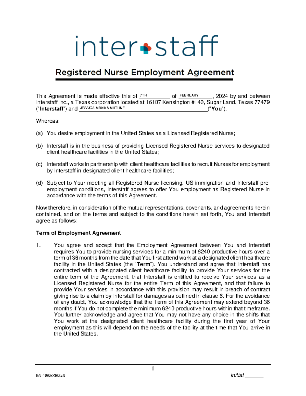 Interstaff RN Employment Agreement version 1 - 1 BN 46650363v3 Initial ...