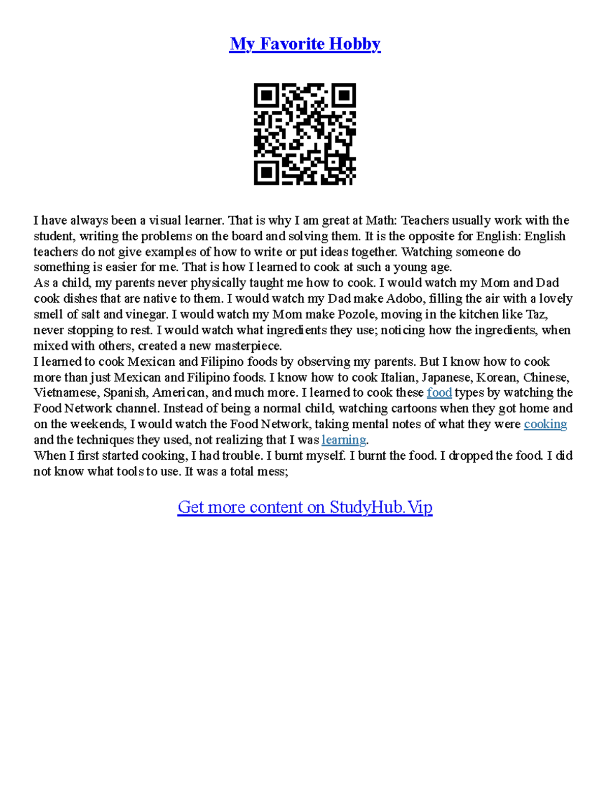 My Hobby English Essay - My Favorite Hobby I have always been a visual ...