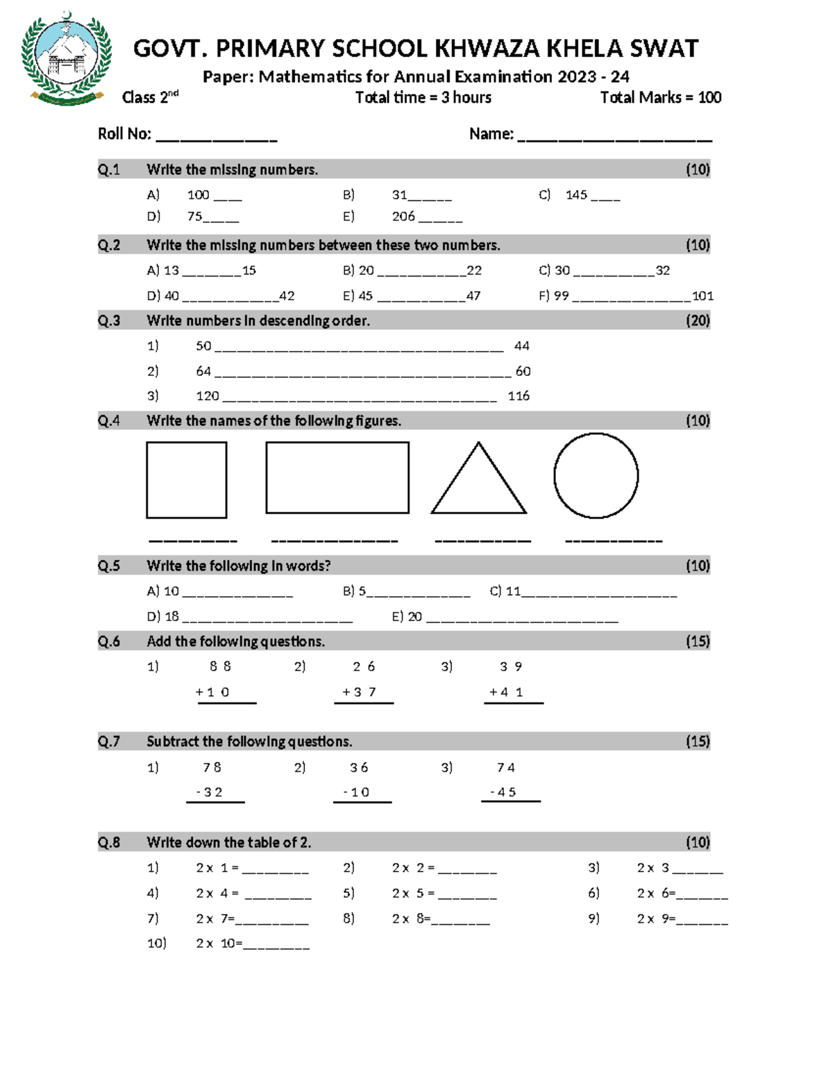 Mathematics Annual 2018 - GOVT. PRIMARY SCHOOL KHWAZA KHELA SWAT Paper ...