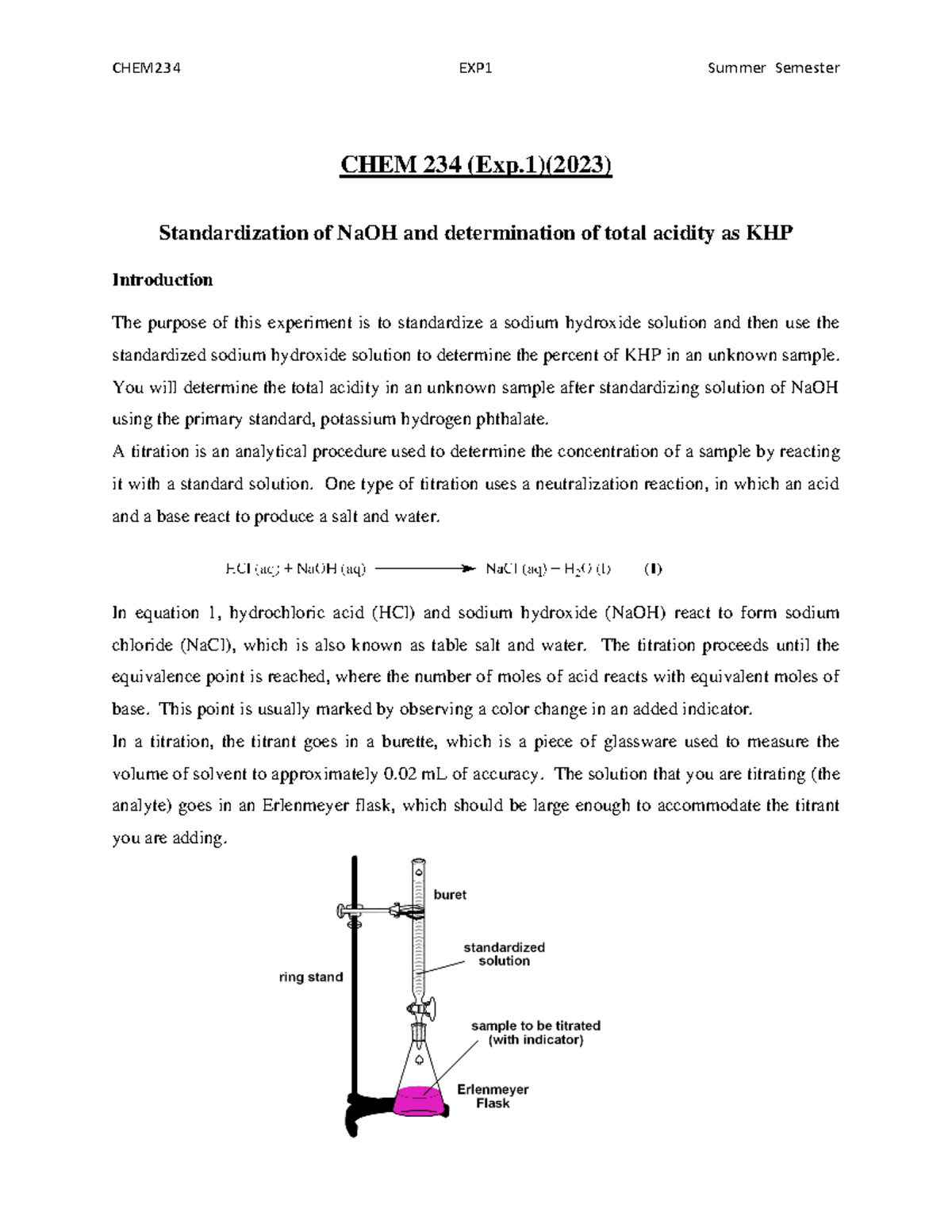 CHEM+234+Exp - Note - CHEM 234 (Exp)(2023) Standardization of NaOH and ...