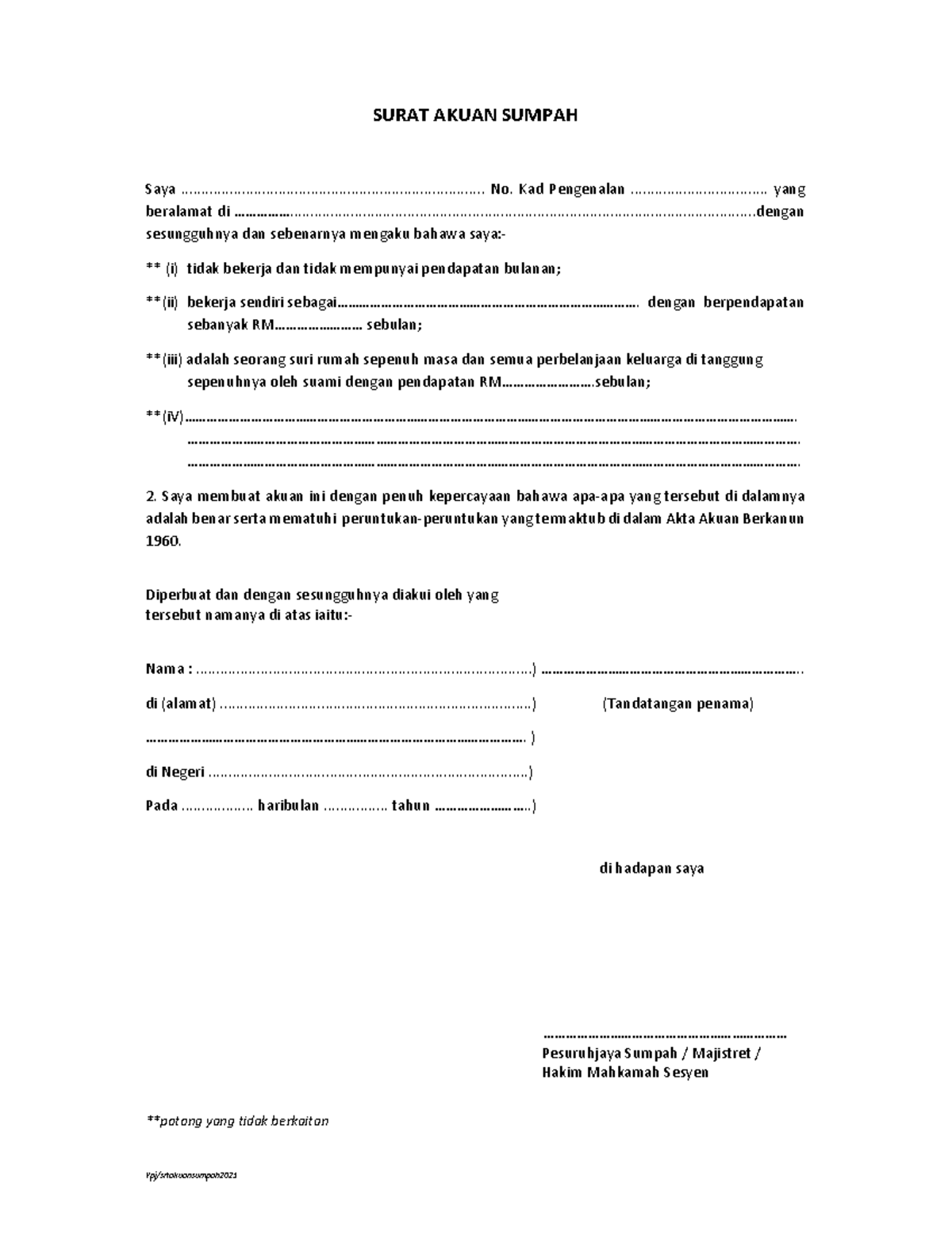 Surat Akuan Sumpah 2021 - Ypj/srtakuansumpah SURAT AKUAN SUMPAH Saya ...