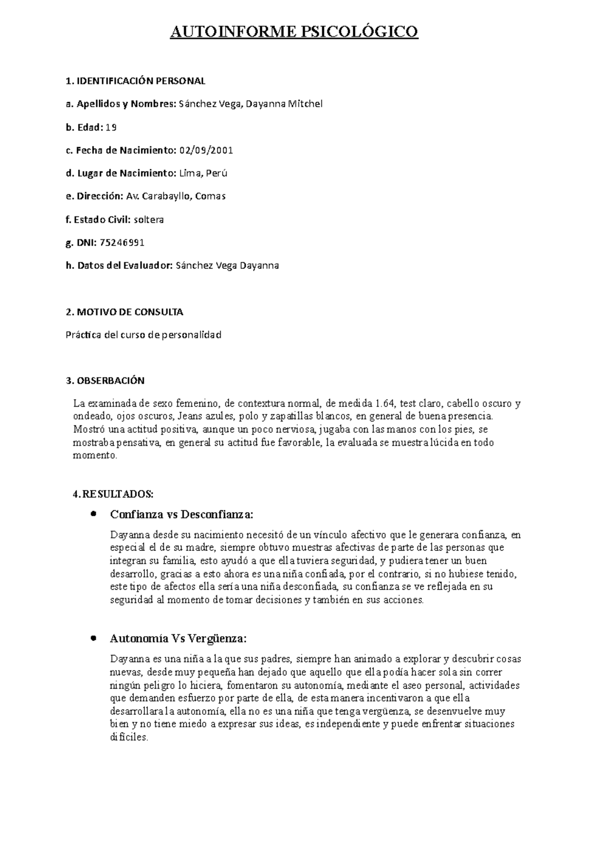Autoinforme Psicologico 1 - AUTOINFORME PSICOLÓGICO 1. IDENTIFICACIÓN ...