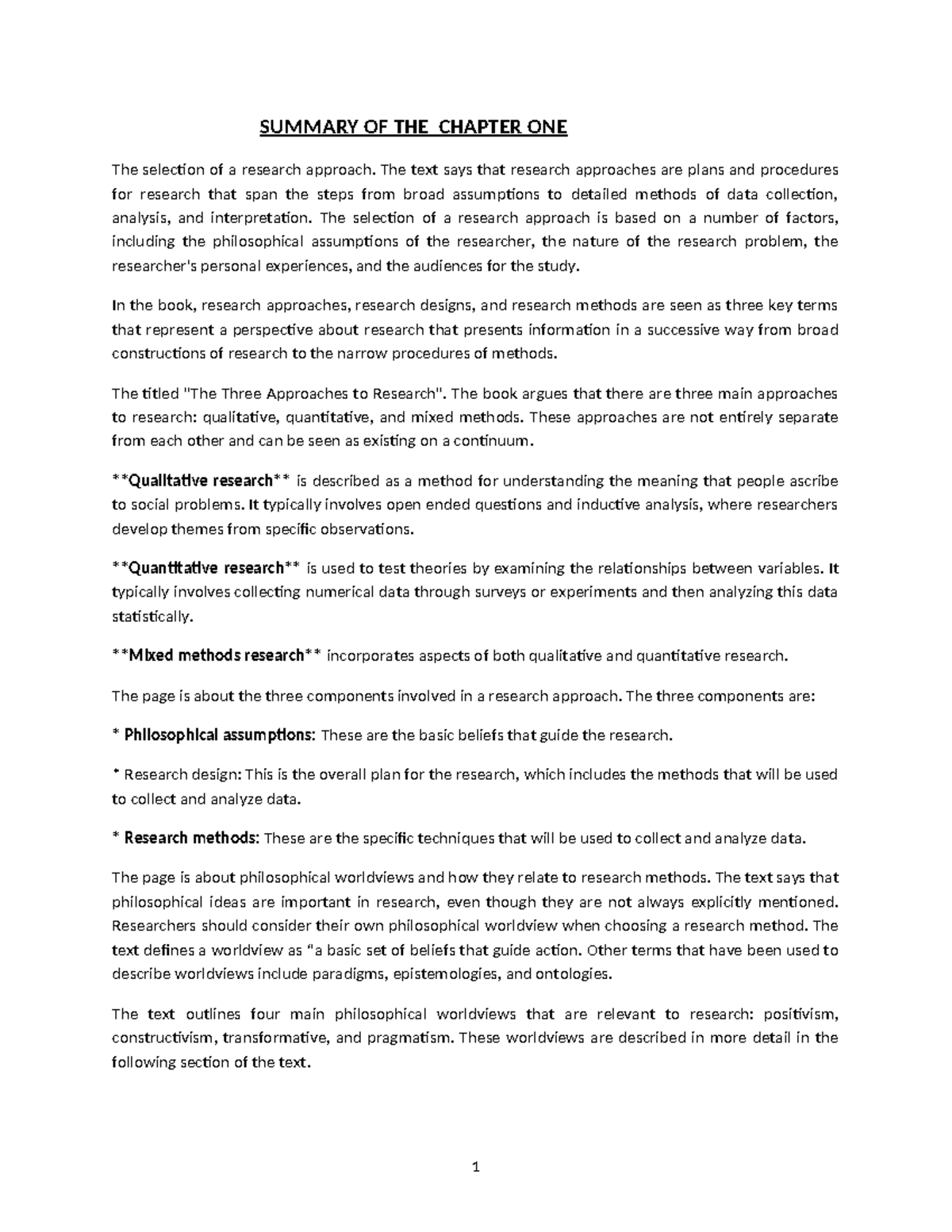 Summary of four chapters from Creswell book - SUMMARY OF THE CHAPTER ...