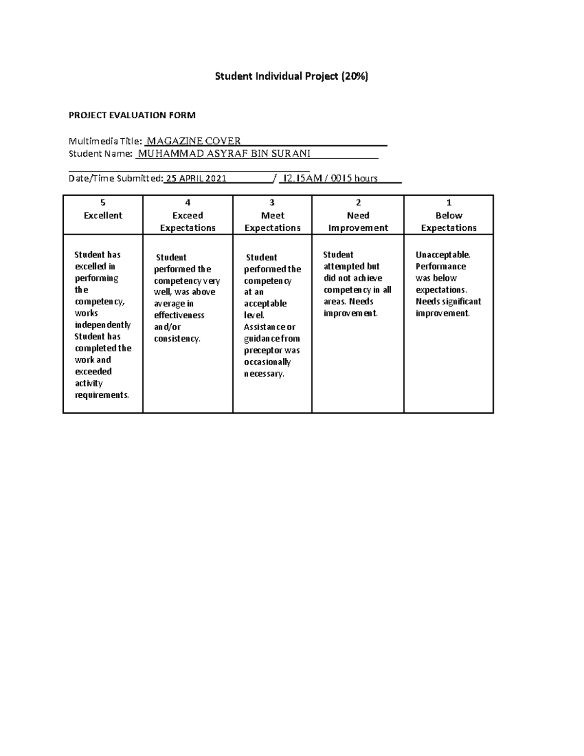 Project evaluation form - Student Individual Project (20%) PROJECT ...