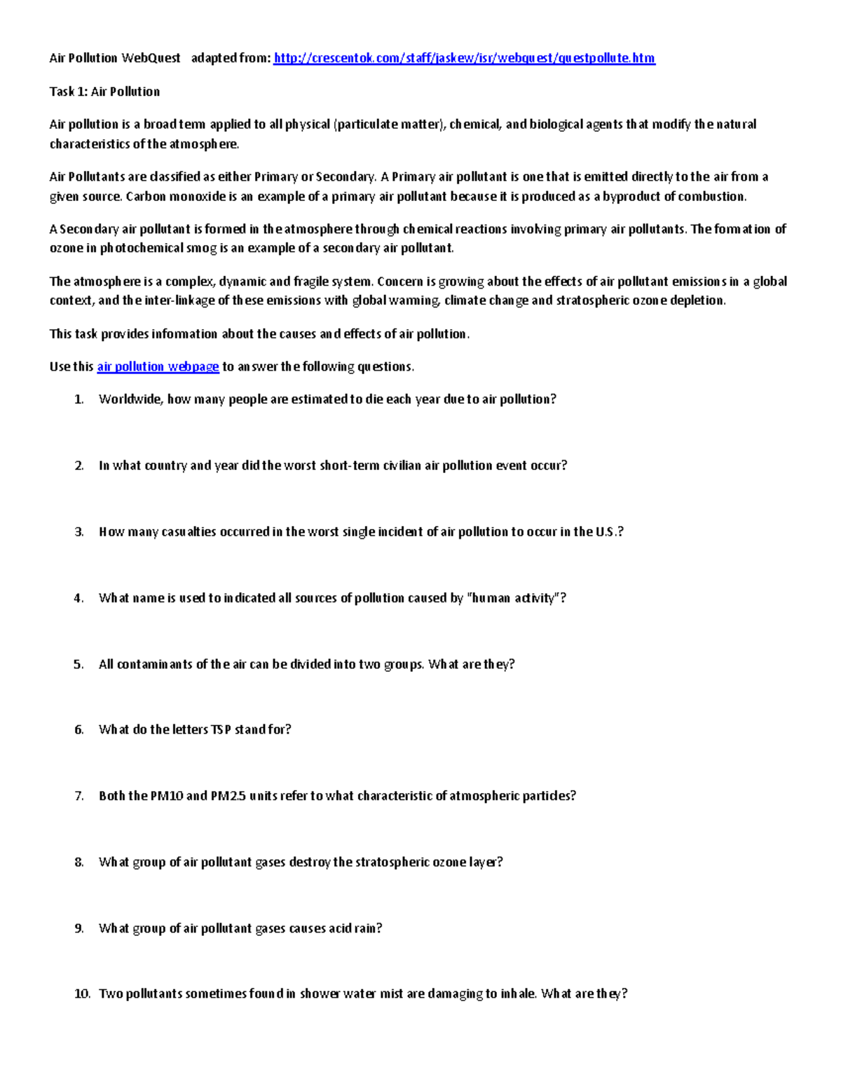 Air Pollution Web Quest - Air Pollution WebQuest adapted from: - Studocu