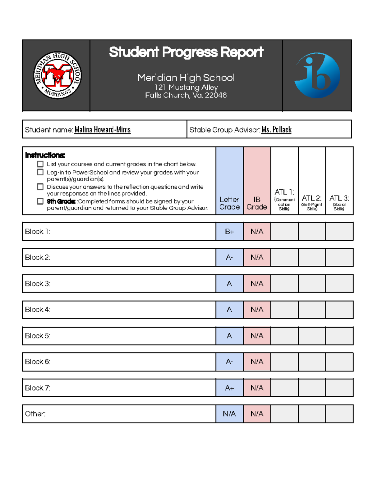 Malina's Copy of MHS Student progress report - Student Progress Report ...