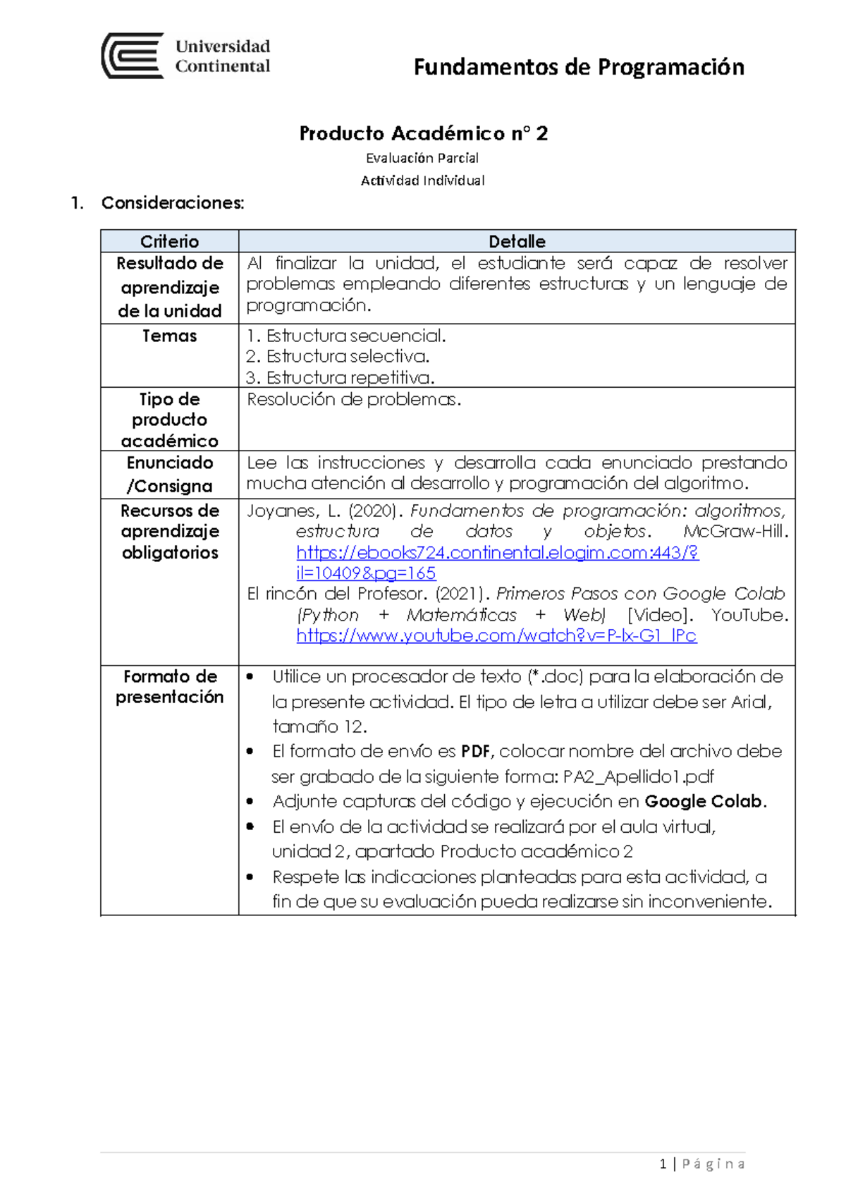 Producto Académico 2 Tarea I - Fundamentos de Programación Producto Académico n° 2 Evaluación ...