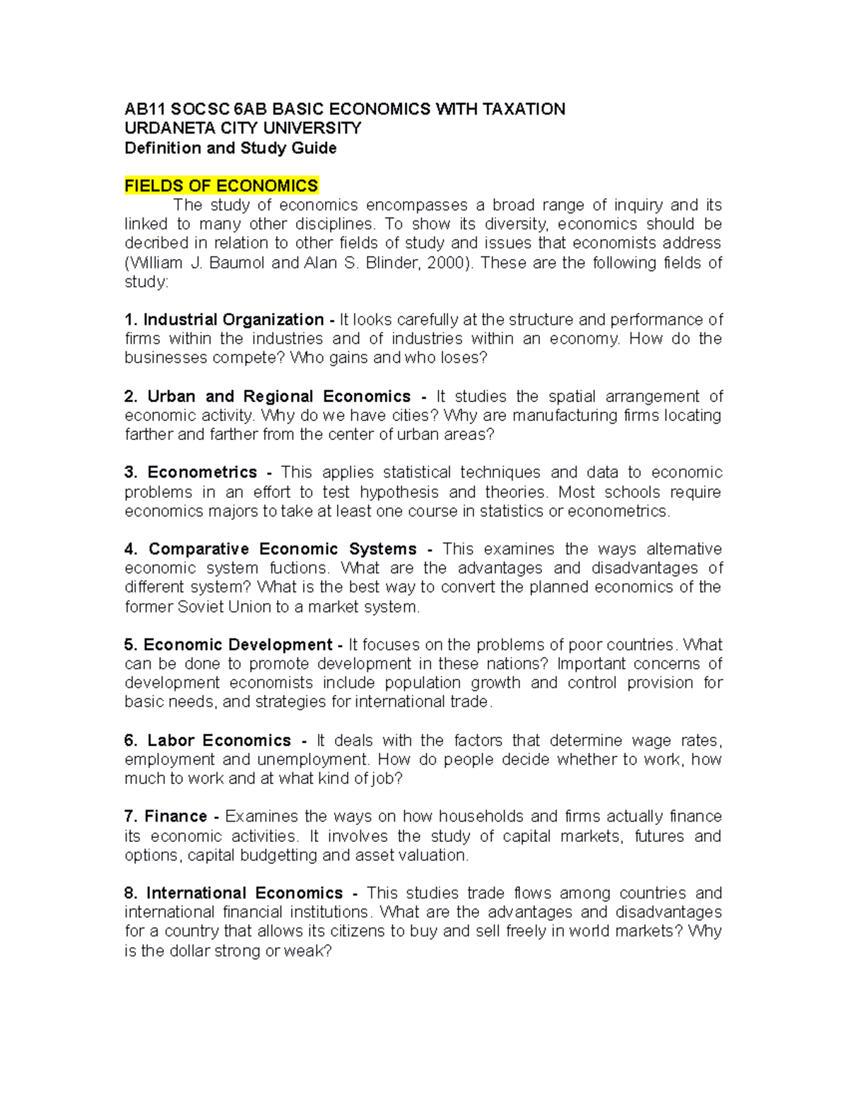Field OF Economics - AB11 SOCSC 6AB BASIC ECONOMICS WITH TAXATION ...