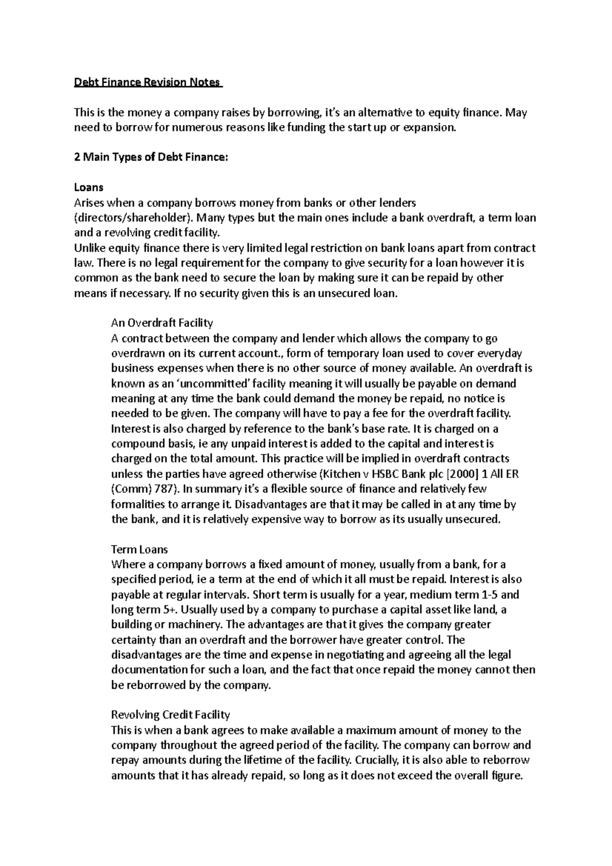 Debt Finance Revision Notes - May need to borrow for numerous reasons ...