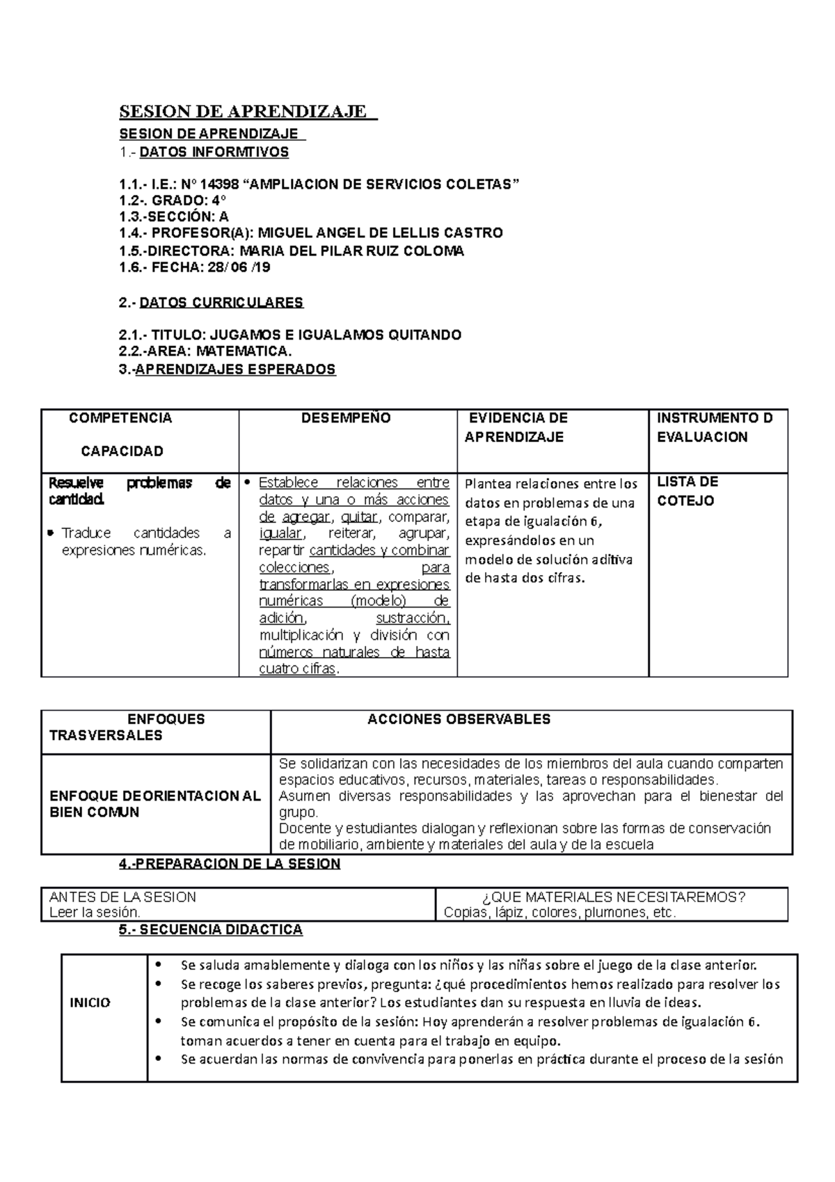 Jugamos E Igualamos Quitantdo - SESION DE APRENDIZAJE SESION DE ...