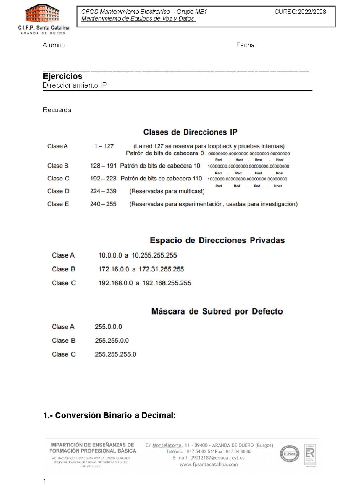 UT02 Practica 1 - Direccionamiento ip - Alumno: Fecha: - Studocu