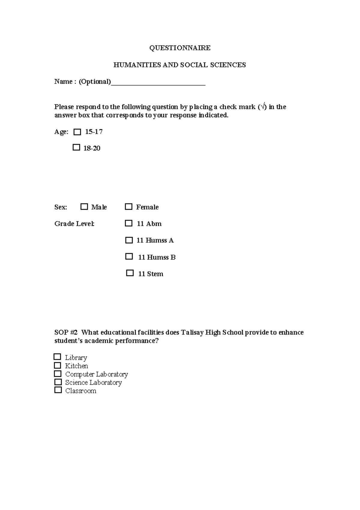 Questionnaire - QUESTIONNAIRE HUMANITIES AND SOCIAL SCIENCES Name ...