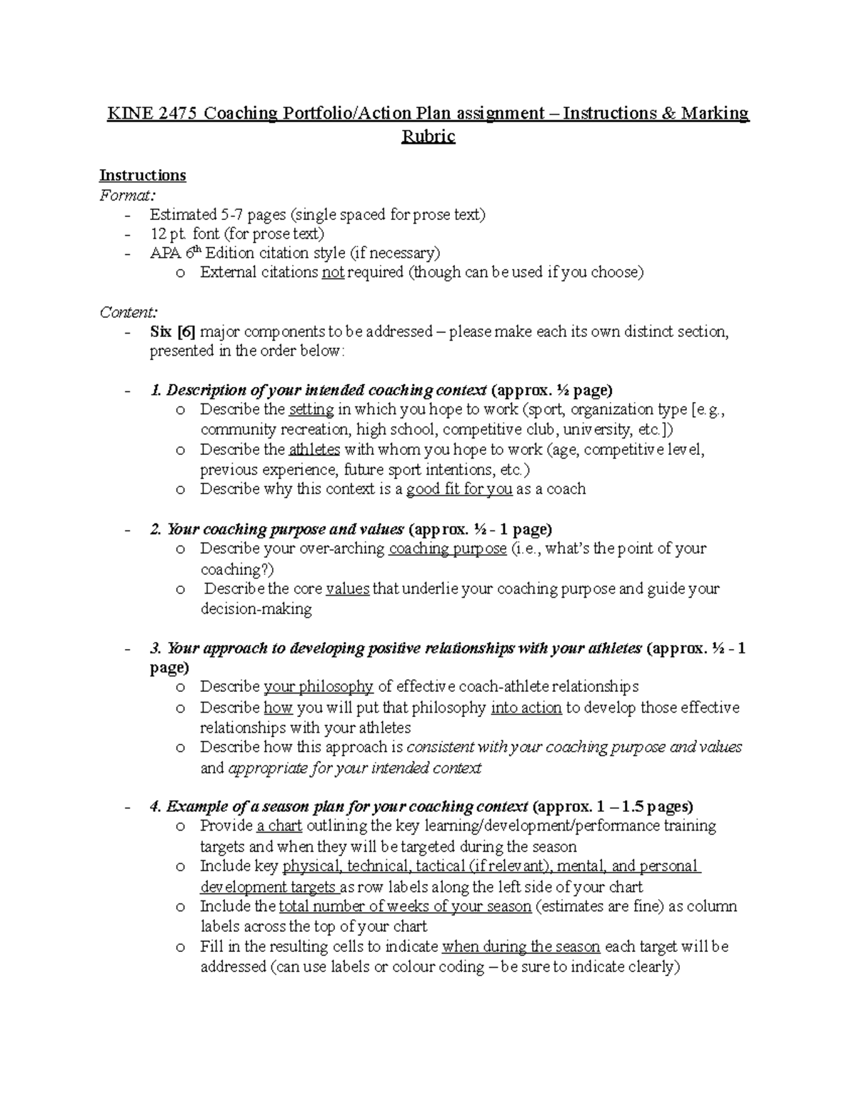 KINE 2475 - Coaching Portfolio-Action Plan assignment - instructions ...