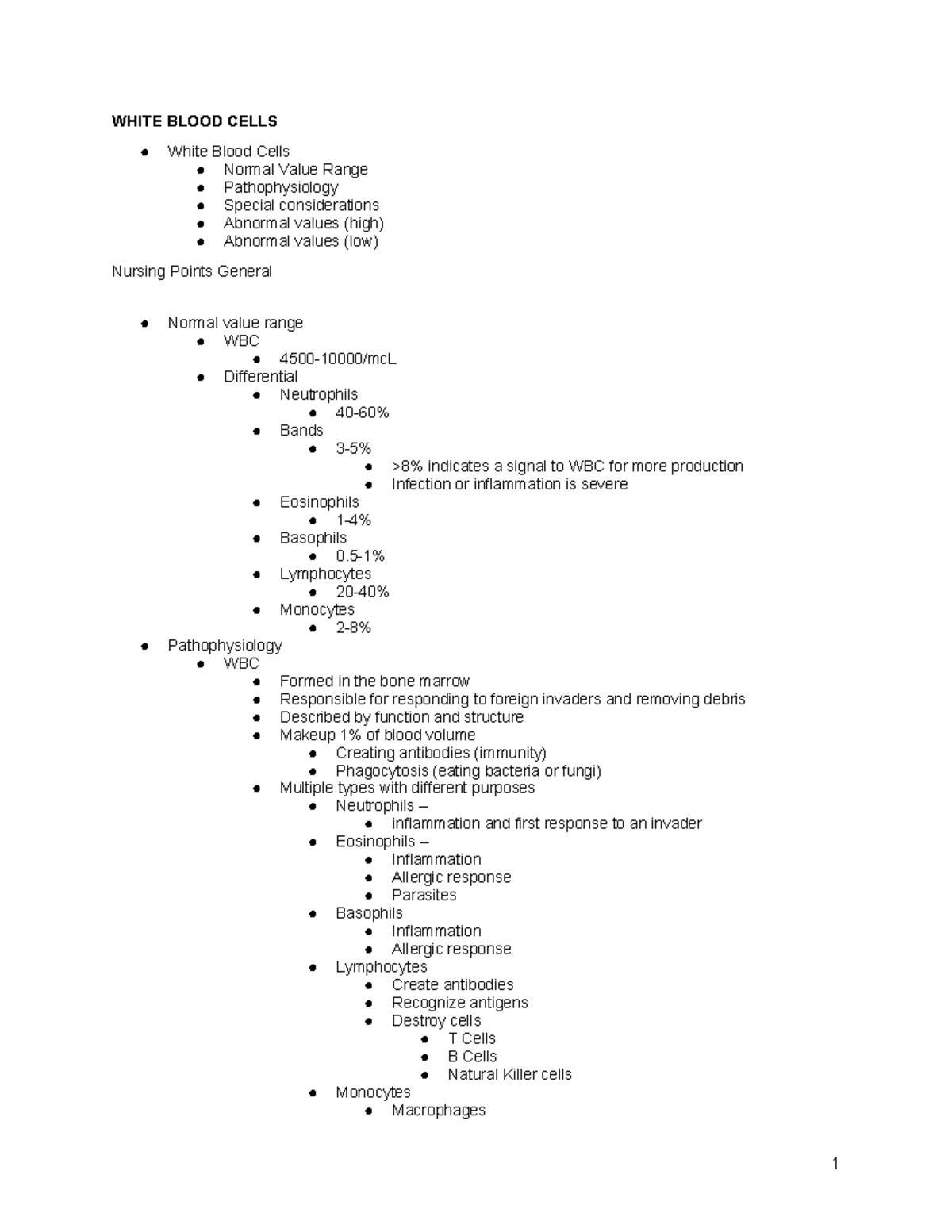 Lab Values - WHITE BLOOD CELLS White Blood Cells Normal Value Range Pathophysiology Special ...