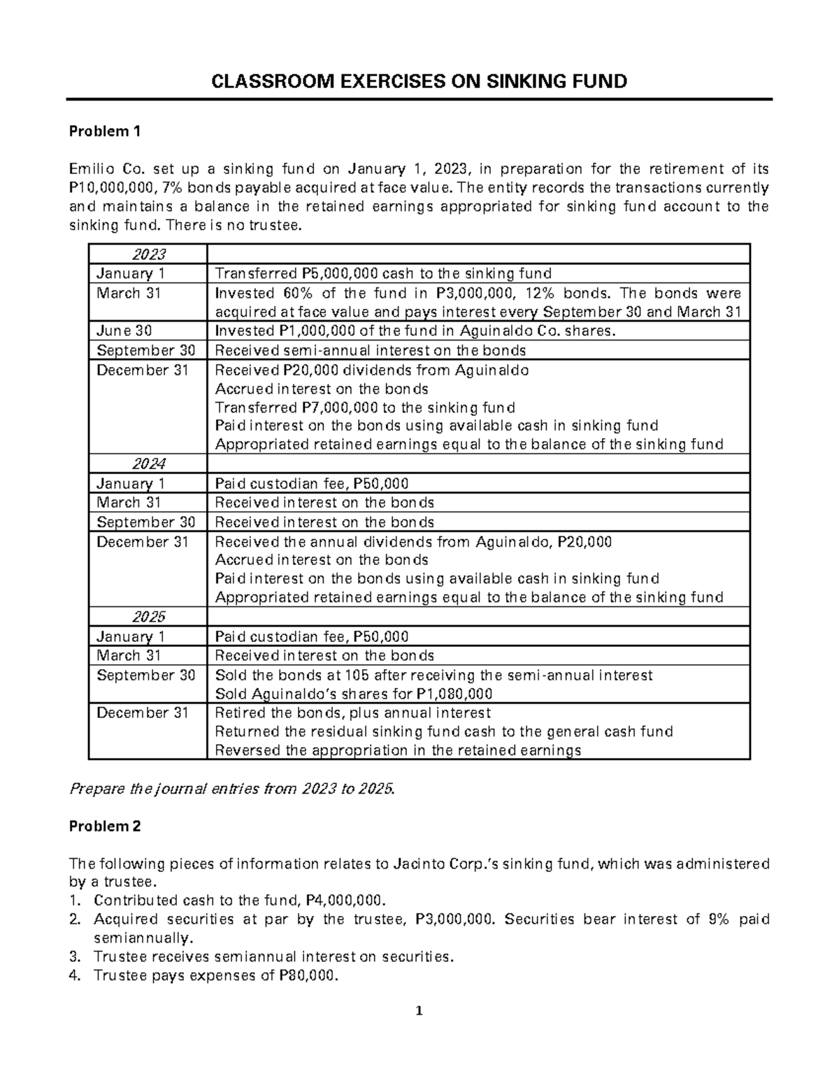 CE on Sinking Fund - 1 CLASSROOM EXERCISES ON SINKING FUND Problem 1 ...