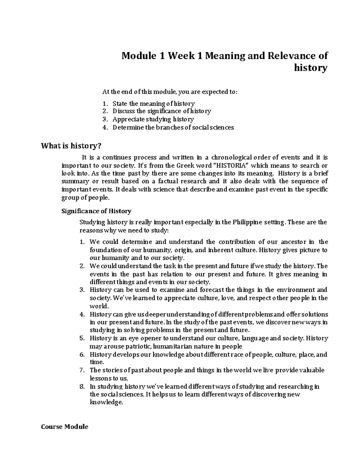 W1-Module 1 Meaning and Relevance of History - Course Module Module 1 ...