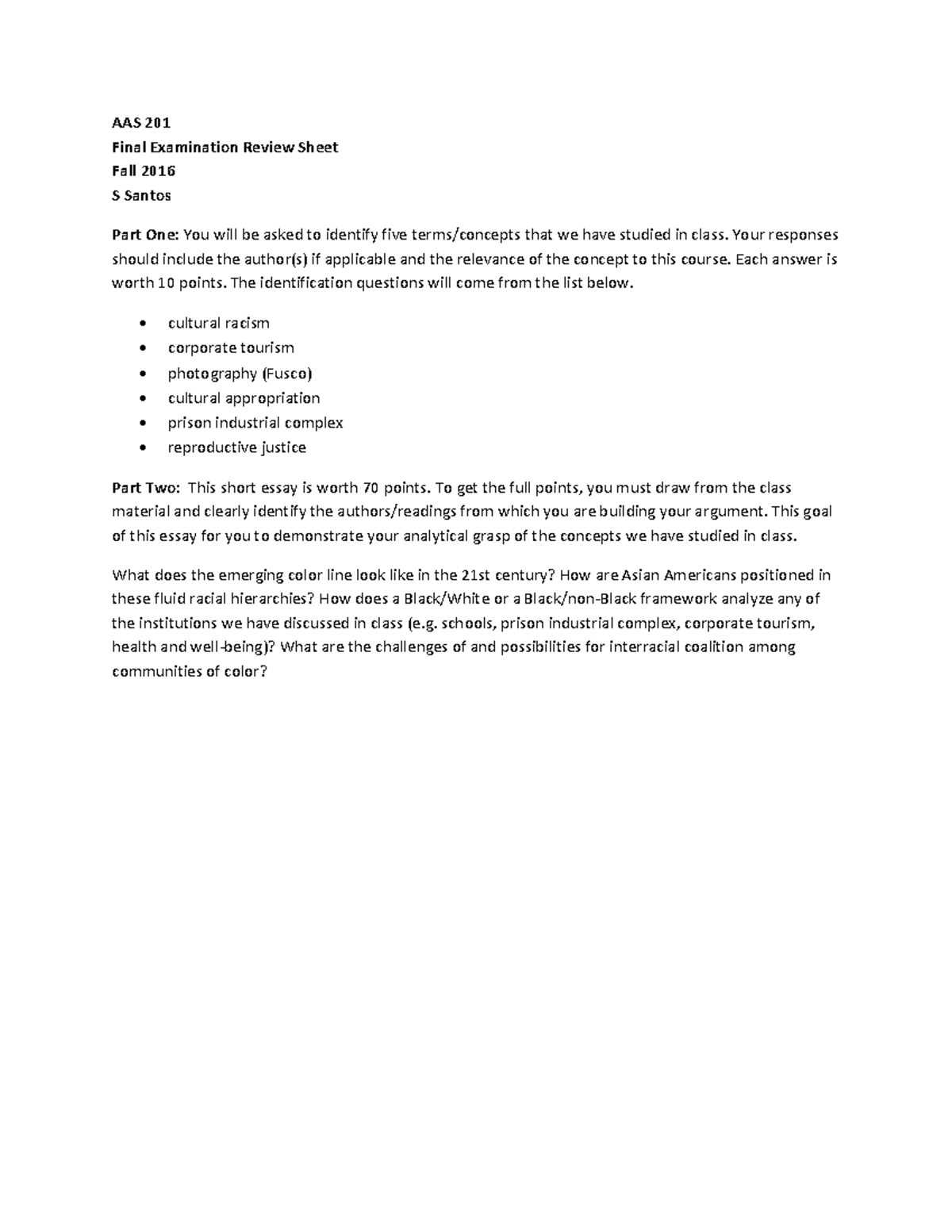 AAS 201 final exam guide - AAS 201 Final Examination Review Sheet Fall ...