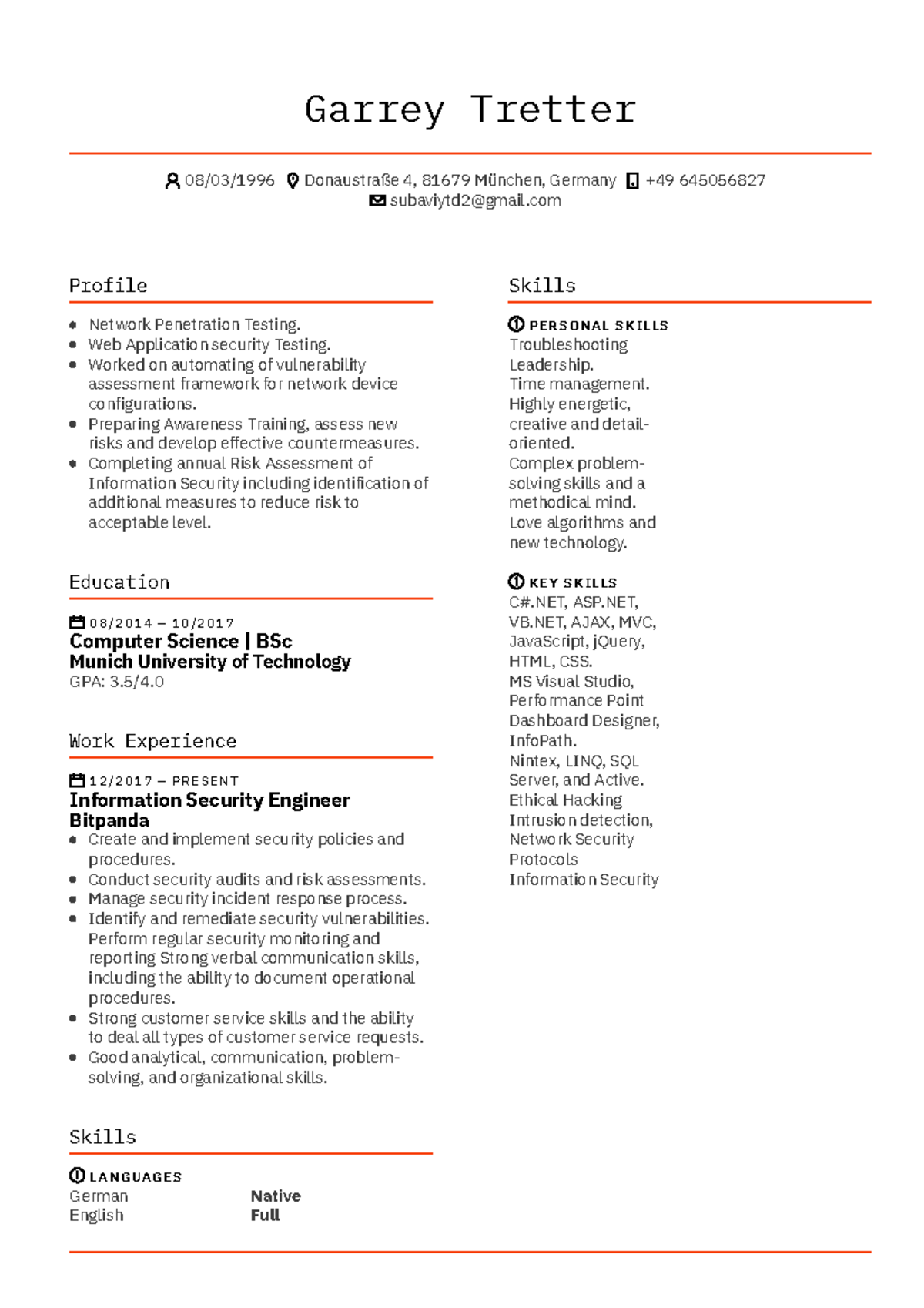 Garrey Tretter - CV creation - 08/03/1996 Donaustraße 4, 81679 München ...