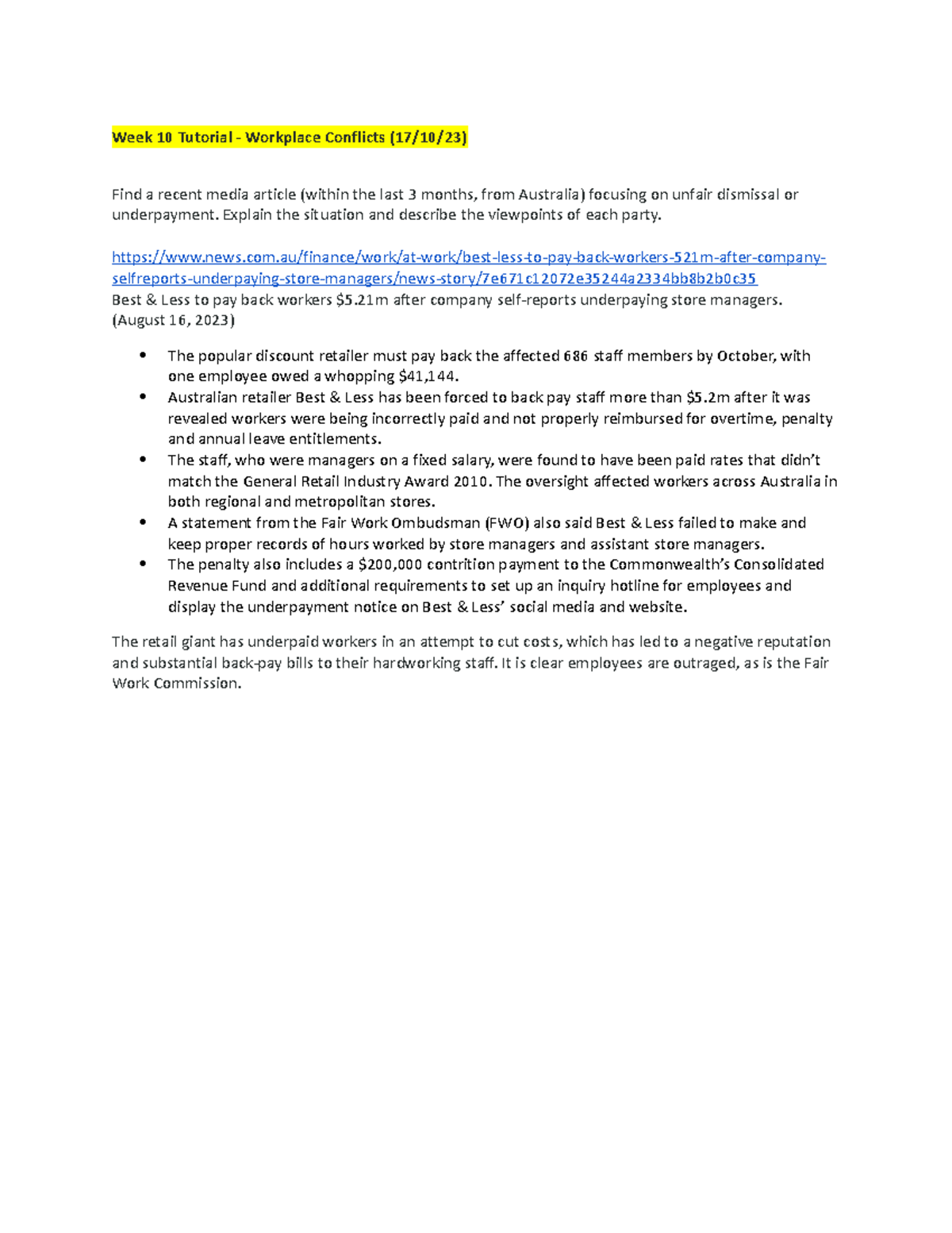 Week 10 Tutorial - Week 10 Tutorial - Workplace Conflicts (17/10/23 ...