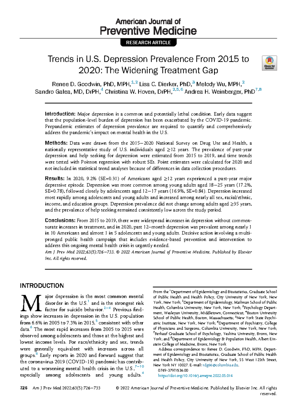 Depression prevalence 2015-2020 - ####### RESEARCH ARTICLE Trends in U ...
